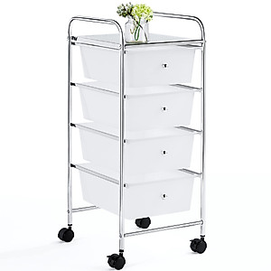 Topeakmart 4 Tier Rolling Storage Cart with Removable Drawers Plastic Trolley Organizer craft cart organizer with drawers 360 Castor Wheels Cart, White