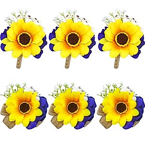 Ciandid Sunflower Wrist Corsage and Boutonniere Set for Wedding, 3PC Groom Boutonniere & 3PC Bride Wrist Corsage Wristlet Band Bracelet Artificial Flower for Wedding Ceremony Party Prom
