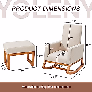 YOLENY Rocking Chair with Footstool, Upholstered Nursery Glider Rocker, Modern Accent Rocking Lounge Chair, Comfy High Back, Linen Armchair,Beige