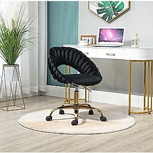 Velvet Home Office Desk Chair, Modern Adjustable Swivel Task Chair, Upholstered Cute Vanity Chair with Woven Back, Tufted Computer Chair with Gold Metal Base for Office, Bedroom, Study, Black