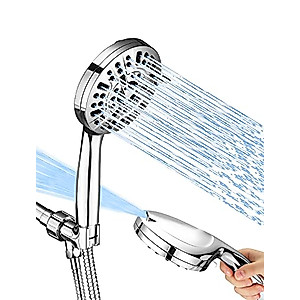Likense High Pressure Shower Head with Handheld, 10 Spray Settings Water Saving Shower Heads with Stainless Steel Hose,Holder & PTFE Tape, Wider Silver Face for Tubs Tiles Walls Pets Cleaning