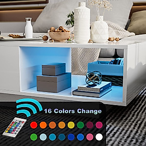 IKIFLY Modern LED Coffee Table with A Drawer, White High Glossy Coffee Table with 16 Colors LED Lights for Living Room