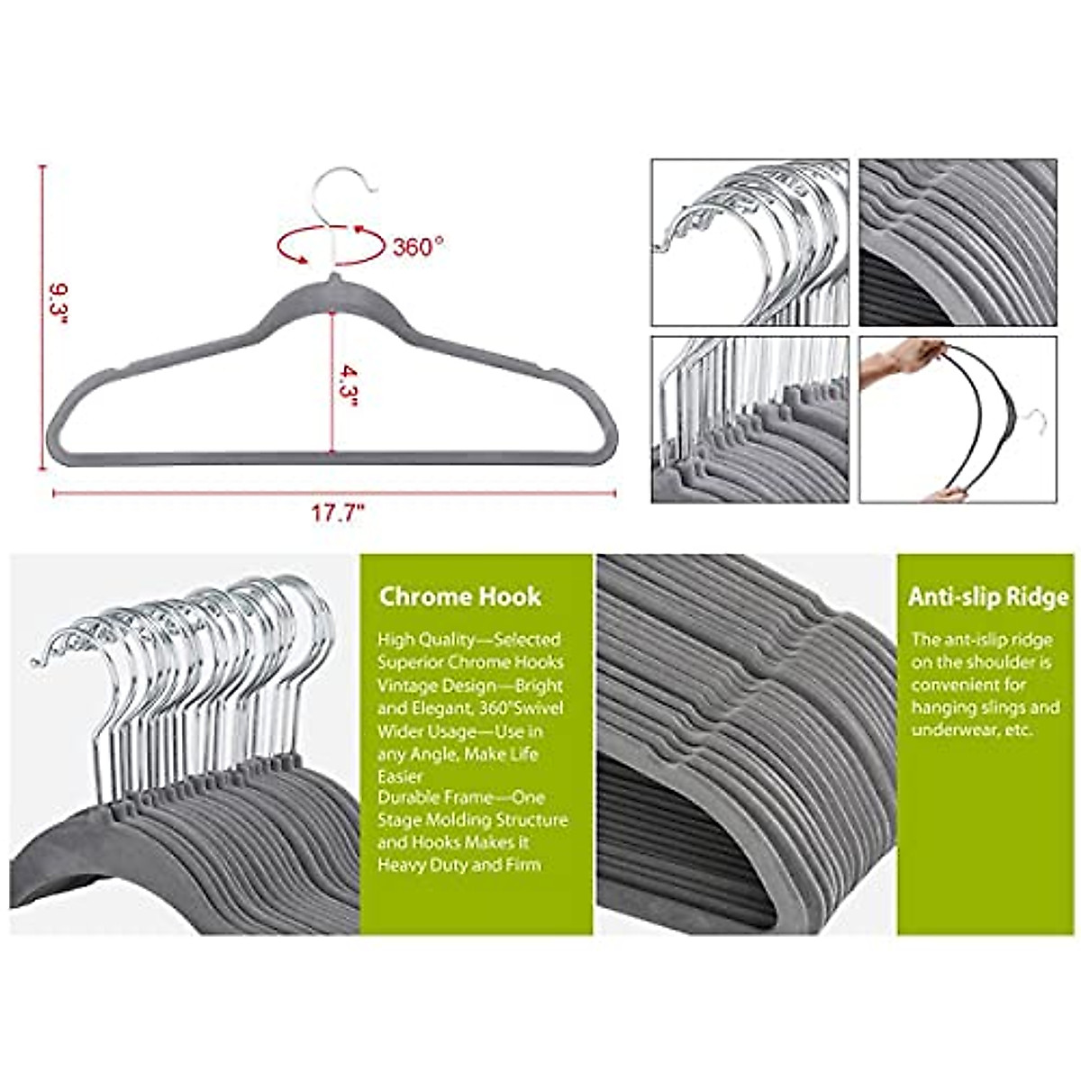 Yaheetech 100 Pack Non Slip Velvet Hangers Heavy Duty Suit Hangers Flocked Coat Suit Hangers Space Saving Clothes Hangers with 360° Swivel Hook, Gray