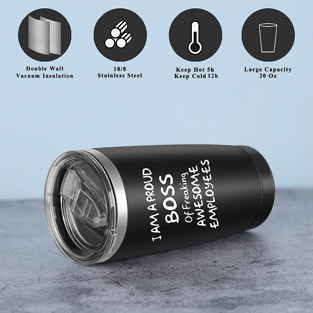 Cosictic I Am A Proud Boss Of Freaking Awesome Employees Travel Tumbler, Funny Birthday Bosses Day Gift for Men Boss Manager Director Leader, 20 Oz Insulated Stainless Steel Tumbler with Lid, Black