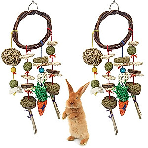 Grddaef Rabbit Chew Toys, Bunny Cage Hanging Toys Rattan Ring Treats Grinding Teeth for Rabbit Guinea Pig Chinchilla Hamster Ferret
