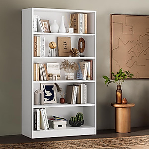 Soohow White Bookshelf, Bookcase with Adjustable Shelves, 5 Shelf Bookcase, Book Case, Wood Bookshelf, Large Tall White Bookshelf for Living Room, Bedroom, 60 in Tall, 33 in Wide, 11.6 in Deep