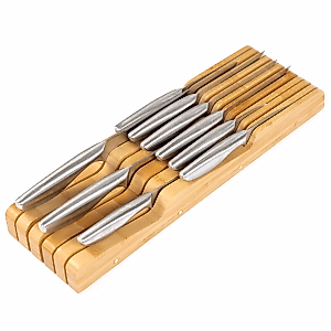 Bamboo Kitchen Knife Block Holder Organizer - Holds 5 Long + 6 Short Knives (Not Included), Fits Most Knife Sizes, Rubber Feet, Sustainable Bamboo, In-Drawer Design