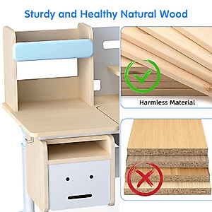 FCD Wood Adjustable Height Kids Study Desk with Chair Drafting Table Computer Station Built-in Bookshelf Hutch Multi Function (Blue, Desk and Chair)