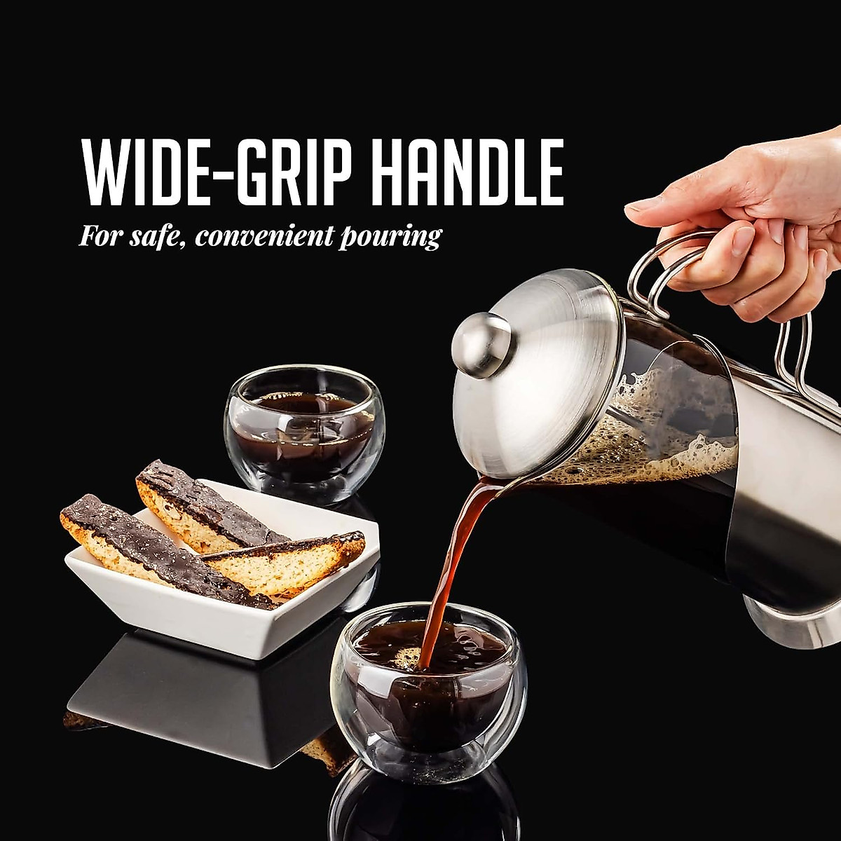 OVENTE French Press Coffee Maker 34 Ounce, 4 Level Stainless Steel Filter System, Borosilicate Heat Resistant Glass Carafe with Free Measuring Scoop, Silver FSL34S