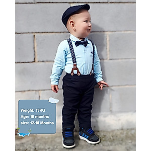 YALLET Baby Boy Clothes Set Infant Tuxedo Long Sleeve Gentleman Suit Outfits + Beret Hat + Suspender Pants + Bowtie 0-18M