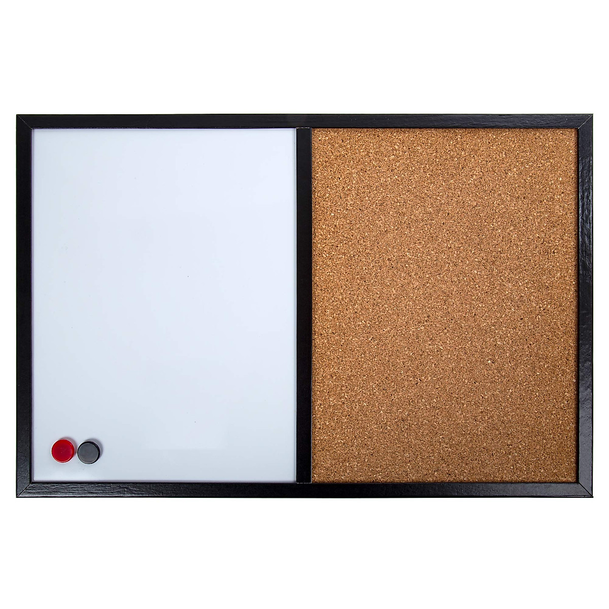 DESK TECH Small Half Cork Bulleting Board Half Dry Erase White Board Combo with Pinewood Wooden Frame (Wooden Half Cork Half Black Board)
