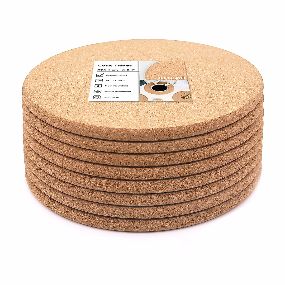 KITLAB Cork Trivet, 8 Pack High Density Thick Cork Trivets for Hot Dishes, 8 Inch Heat Resistant Multifunctional Cork Coaster, Cork Hot Pads for Table & Countertop