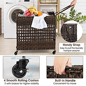 GOFLAME Laundry Hamper with Lid and Wheels, 110L Folding Synthetic Rattan Clothes Hamper with 2 Removable & Washable Liner Bags, Pulling Strap, Rolling Divided Laundry Basket for Laundry Room Bedroom
