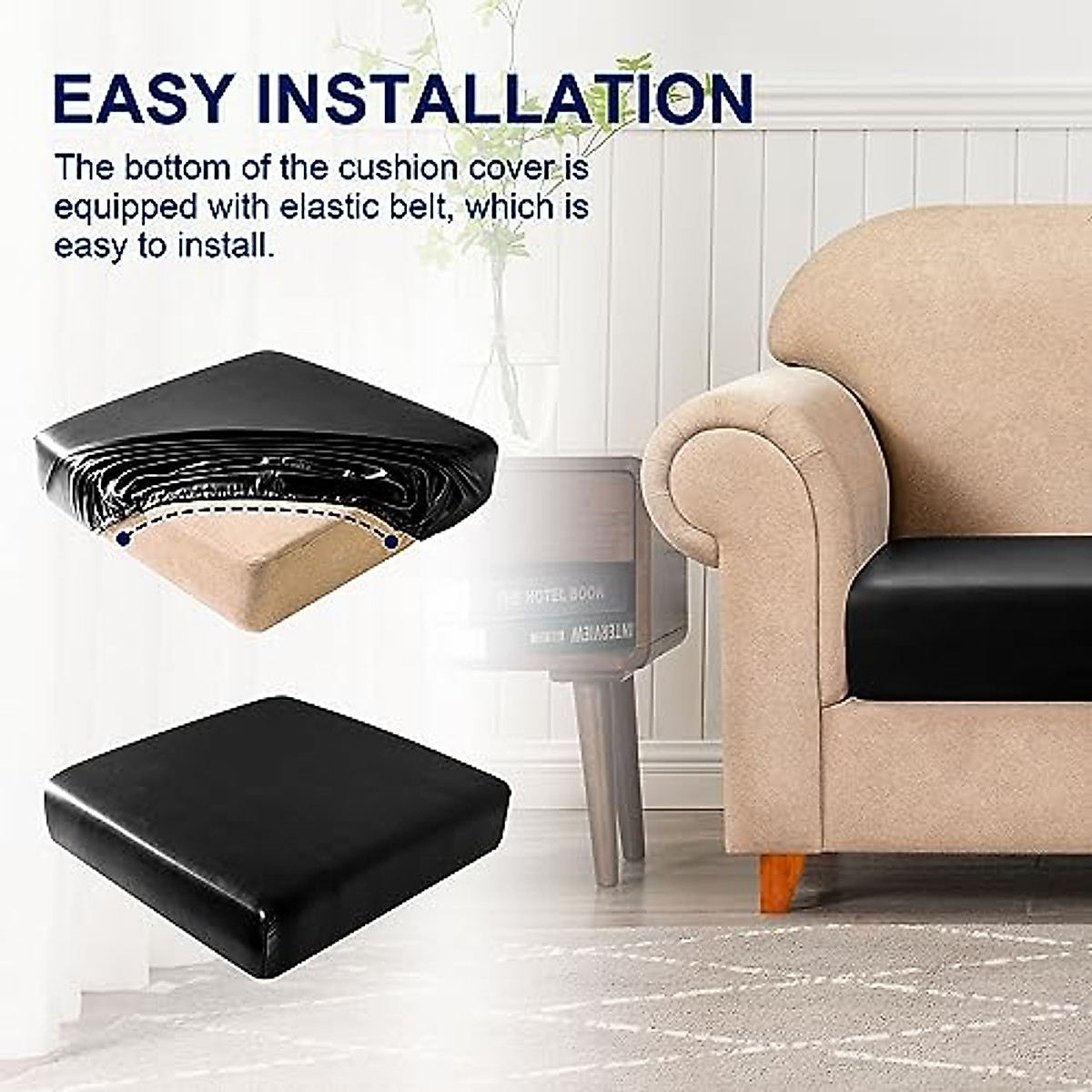 SUBRTEX Leather Waterproof Cushion Covers Breathable Sofa Seat Slipcpvers for 1-2-3-4 Seaters Stretch Replacement for Furniture Protector (Small, Black)