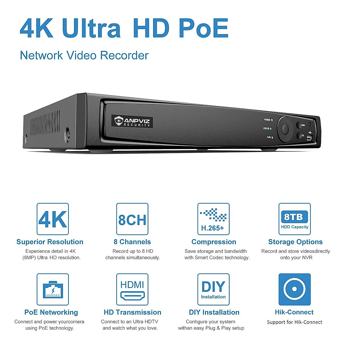 【Upgrade to NVR4.0】 Anpviz 8CH 4K PoE NVR POE Network Video Recorder, IP Home Security Camera System Video Recorder H.265+, Guarding Vision APP, up to 8TB HDD(Not Included HDD)