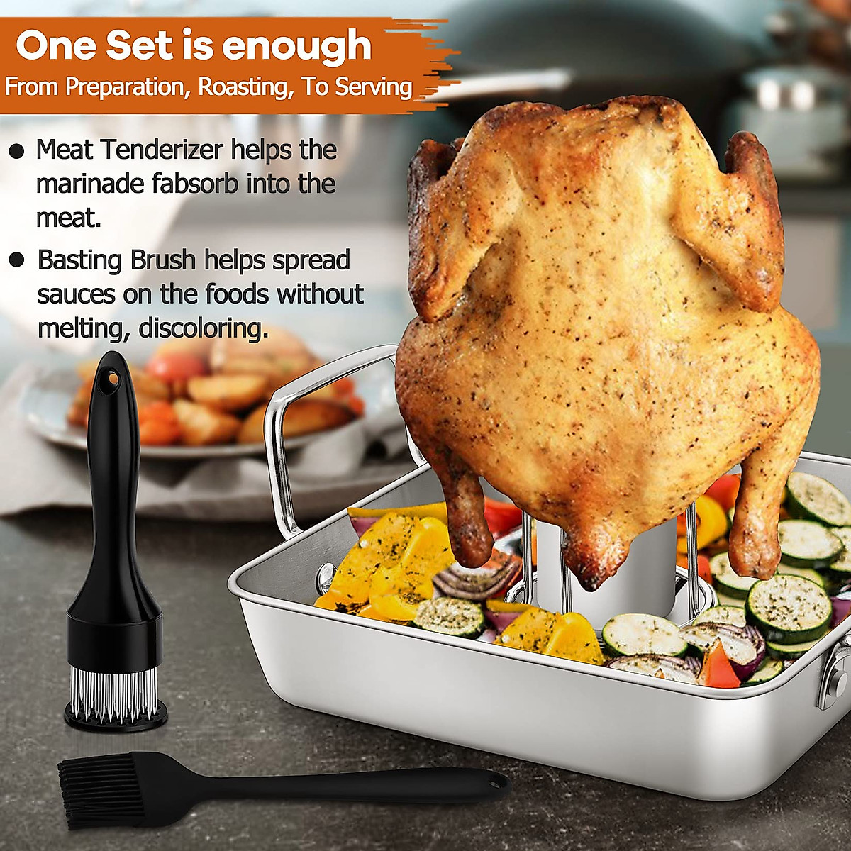 Square Roasting Pan with Beer Can Chicken Holder, Joyfair 9-in Stainless Steel Roaster Baking Pans & Racks for BBQ Grilling/Home Cooking, Heavy Duty & Dishwasher Safe - (2 Pans + 2 Racks, More Tools)