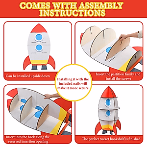 Lineshading Space Rocket Bookshelf Kids 4 Tier Wooden Toy Storage Organizer Display Cabinet Bookshelf Baby Toddler Book Shelves Book Rack for Girl Boy Playroom Classroom Nursery Living Room