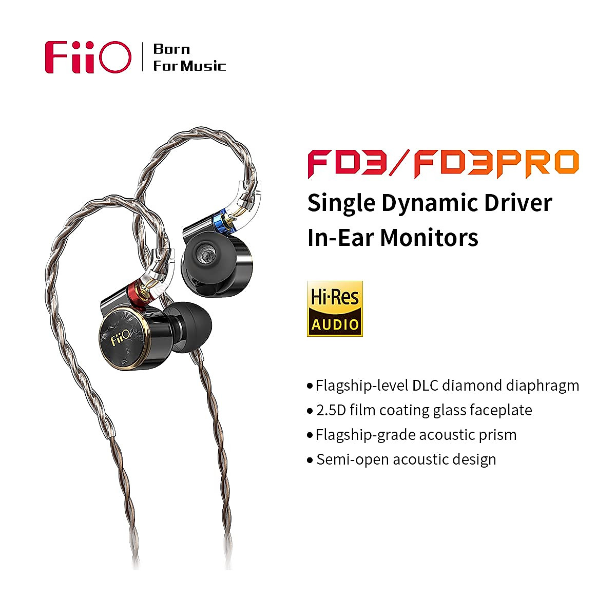 FIIO FD3 PRO Earphones in-Ear Earbuds High Resolution 1DD Deep Bass Detachable MMCX Connector with 2.5/3.5/4.4mm Plugs DLC Black