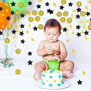 Whaline 300Pcs One Happy Dude Table Confetti Smile Face Lightning Star Shaped Confetti Yellow Black Table Centerpiece for First Birthday Party Decoration