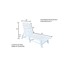 Phat Tommy Outdoor Pool Chaise Lounge, Heavy-Duty Beach Lounger - Folding, HDPE, Recycled Poly Furniture - Reclining Lounge Chair for Patio, Deck, Beach, Cabana, or Poolside, White