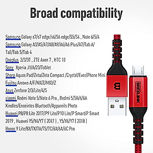 Micro USB Cable Android, BrexLink Micro USB to USB 2.0 Cable Nylon Braided Fast Charging Cable Compatible with Samsung, Kindle, Android Phones, Galaxy S7 Edge, Moto G5, PS4 (6.6ft+6.6ft, Red)