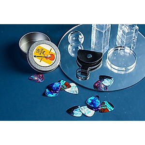 Guitar Picks - Cheliz 12 Medium Gauge Celluloid Guitar Picks In a Box W/Picks Holder. Unique Guitar Gift For Bass, Electric & Acoustic Guitars (Natural Image)