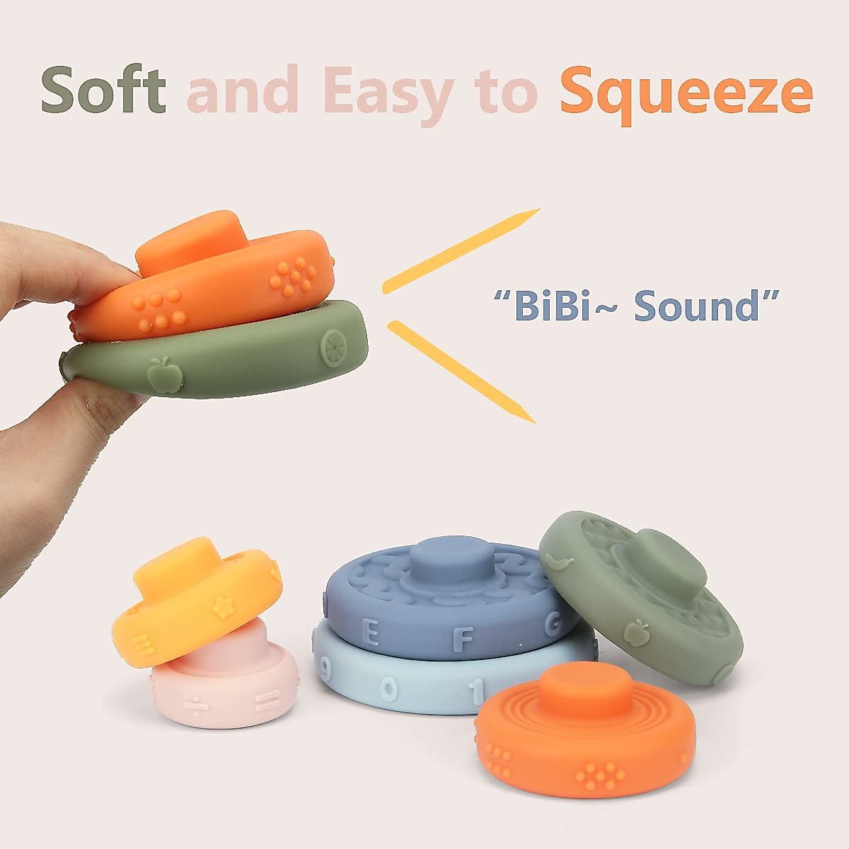 TuiVeSafu 6PCS Baby Stacking Nesting Rings Toy,Soft Building Circle Squeeze Teether,Toddlers Sensory Early Educational Toy with Number,Shape,Fruits,Letters Learning Toy for 6+ Months Boys or Girls