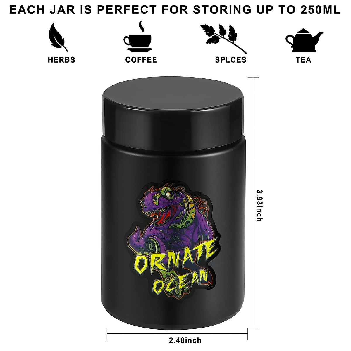 Ornate Ocean 4-Pack 250ml UV Glass Stash Jars - 4 Piece Set Multipurpose Storage Containers - Convenient Airtight Smell Free Screw Top Lid Jars Preserves and Secures Your Herbs (Tyrannosaurus)