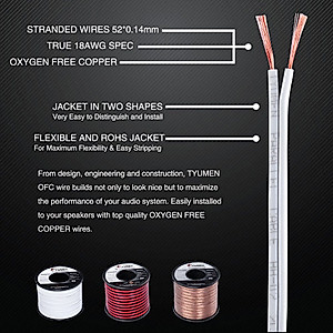 TYUMEN 18 AWG Gauge 2 Conductor Stranded 40 FT Roll Speaker Zip Wire Car Home Audio Cable, 99.95% Oxygen Free Copper Wires, White