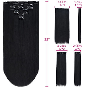 SYXLCYGG Black Hair Extension Clip Hair Extensions 22" 4.8 Oz Synthetic Straight Cheap Fake Hair Piece Women's Easy To Use Fluffy&Not Tangled