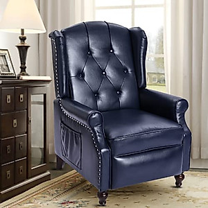 VUYUYU Wingback Recliner Chair, Push Back Arm Chair with Heat and Massage, PU Leather Single Sofa for Home, Living Room, Office, Bedroom(Navy Blue)