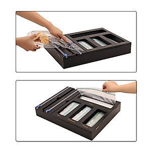 Rejuvv Bamboo 6 IN 1 Foil And Wrap Dispenser With Food Storage Bag Organizer for Kitchen Drawer, Foil And Baggie Organizer, Compatible With Wrap, Foil, Gallon, Quart, Snack Bags (Black)