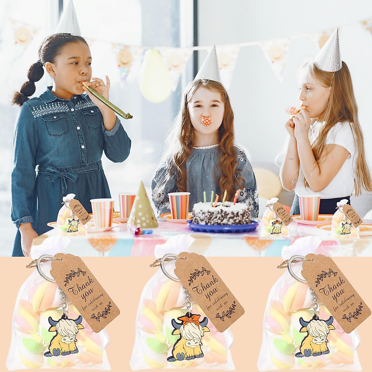 XLENGO 72 Pack Highland Cow Party Return Favors with 24 Highland Cow Keychains, 24 Thank You Tags and 24 Gift Bags for Baby Shower Birthday, Carnival Rewards, Cow Party Favors