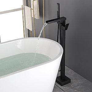 SHAMANDA Luxury Freestanding Bathtub Faucet Single Handle Waterfall Tub Filler with Handheld Shower Matte Black, Floor Mounted, FL701-7