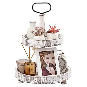 Farmhouse Two Tiered Wooden Tray Stand, UBTKEY 2 Tier Wood Round Decorative Tray with Metal Handle for Home Kitchen Seasonal Holiday Decorations, 17"x13" (Distressed White)