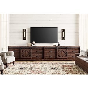WAMPAT 118" Wide Modern Farmhouse 2 in 1 TV Stand for up to 130" TVs,Faux Bark Finish Wood Entertainment Center with 8 Drawers and Sliding Barn Doors for Living Room, Rustic Brown