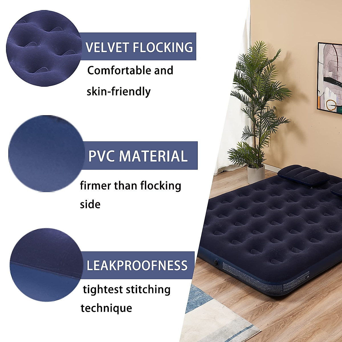 Outraveler Queen Size Air Mattress Inflatable Bed with Pump and Pillows,Blow Up Mattress for Camping and Home