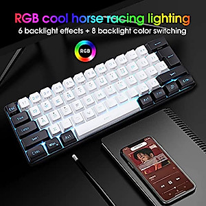 60% Wired Gaming Keyboard, RGB Backlit Ultra Compact Mini Keyboard, Waterproof Mini Compact 61-Key Keyboard for PC/Mac Gamers, Typist, Travel, Easy Travel (Black & White)