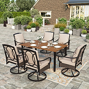 HERA'S HOUSE 7 Pieces Patio Dining Sets, 6 x Swivel Dining Chairs with Removable Cushions, 1 x Rectangular Wood-Like Dining Table, Outdoor Furniture Set for Patio Lawn Garden Porch