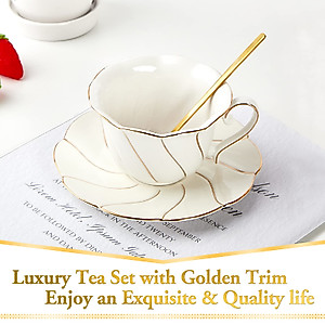 DUJUST 3 pcs Porcelain Tea Cup and Saucer Set with Tea Spoon, Luxury British Style Tea/Coffee Cup Set with Golden Trim, Beautiful Tea Set for Living Room Decoration & Tea Party