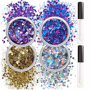 Allstarry Holographic Chunky Body Glitter 4 Colors Cosmetic Face Glitter Face Paint Sparkle Eye Flakes Festival Hair Sequins Mermaid Rave Accessories with Body Glue for Women Makeup Nails DIY Crafts