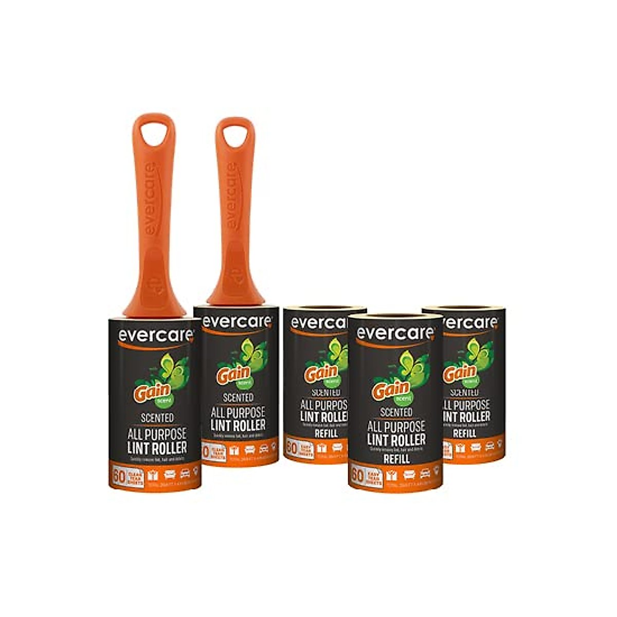 Evercare Gain Scented All-Purpose Lint Roller Value Pack with 2 Lint Rollers and 3 Refill Rolls, 60 Sheets Each Multicolor