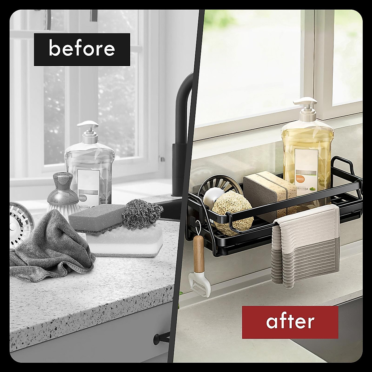 LBTING Sponge Holder for Kitchen Sink, Wall Mounted Sink Caddy with Self-Draining Drain Tray, Stainless Steel Kitchen Sink Caddy for Organizing Sponge, Brush, Soap Dish Dispenser – Black