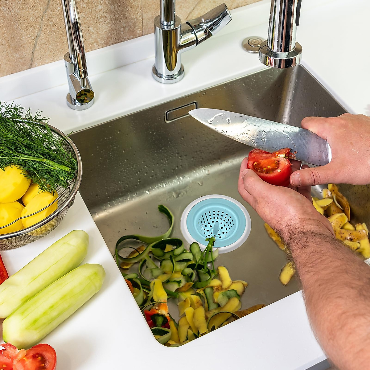 uxcell Silicone Sink Strainer, 4Pcs Kitchen Sink Drain Strainer Stopper with Detachable Stainless Steel Edge 4.4" Diameter Rim, Blue