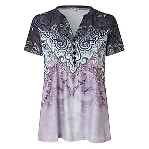 Blouses for Women Dressy Casual Sexy Women Daily Print V Neck Tops Short Sleeve Button Neck Tee Shirt Printed Flower