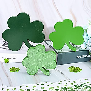 Whaline 3Pcs St. Patrick's Day Wooden Signs Glitter Green Shamrock Table Ornaments Lucky Clover Table Centerpieces Irish Holiday Decorative Table Centerpieces for Home Fireplace Tiered Tray Decor