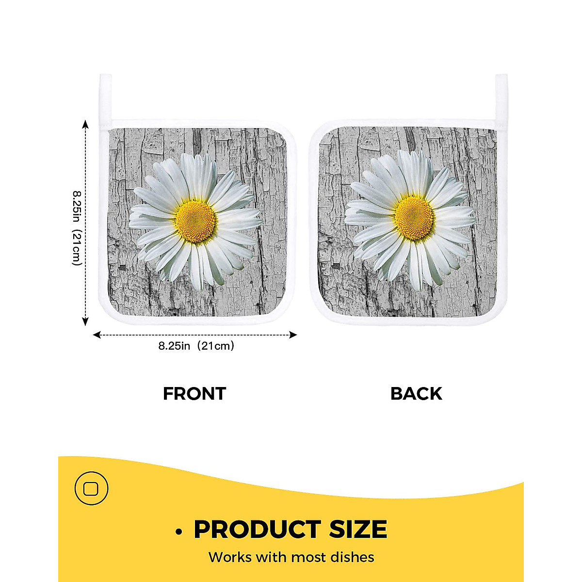 Pot Holder Set of 2 Country White Daisy Flower Potholder Heat Proof Non-Slip Pot Holders,Vintage Wood Grain Hot Pads Potholders for Kitchen Cooking Baking BBQ