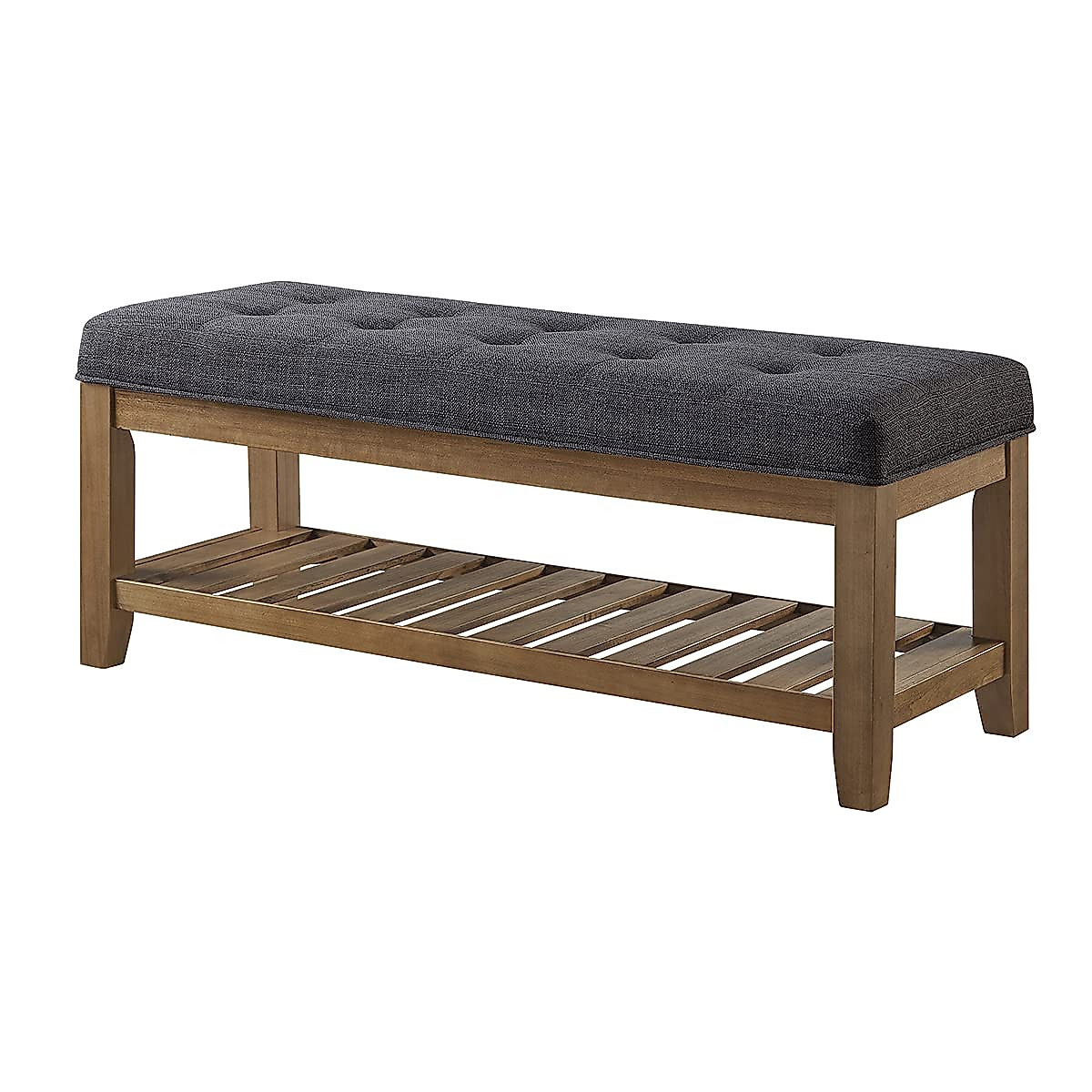 24KF Large Rectangular Upholstered Tufted Linen Fabric Ottoman Bench, Padded Bench with Solid Wood Shelf-Charcoal