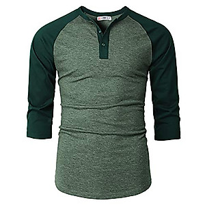 H2H Mens Casual Slim Fit Raglan Baseball Three-Quarter Sleeve Henley T-Shirts HEATHERGREEN US M/Asia L (CMTTS0229)