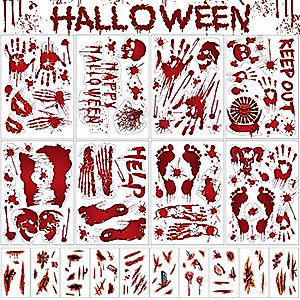 144pcs Halloween Stickers Bloody Handprint Footprint Window Decals Wall Stickers Face Tattoo 3D Zombie Scar Fake Wound Cosplay Makeup Party Decorations Waterproof for Women Men Kids